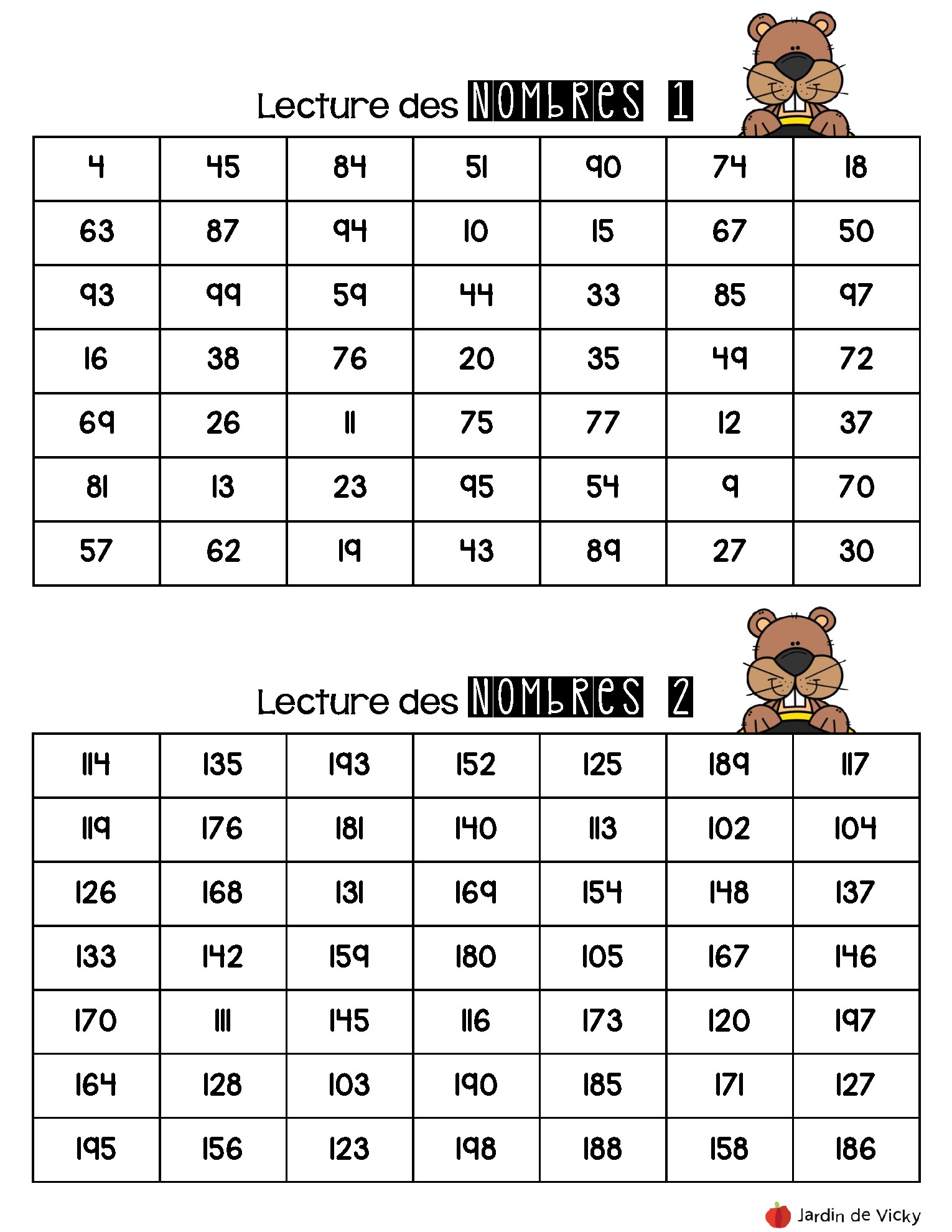Grille de nombres - 2e année | Jardin de Vicky